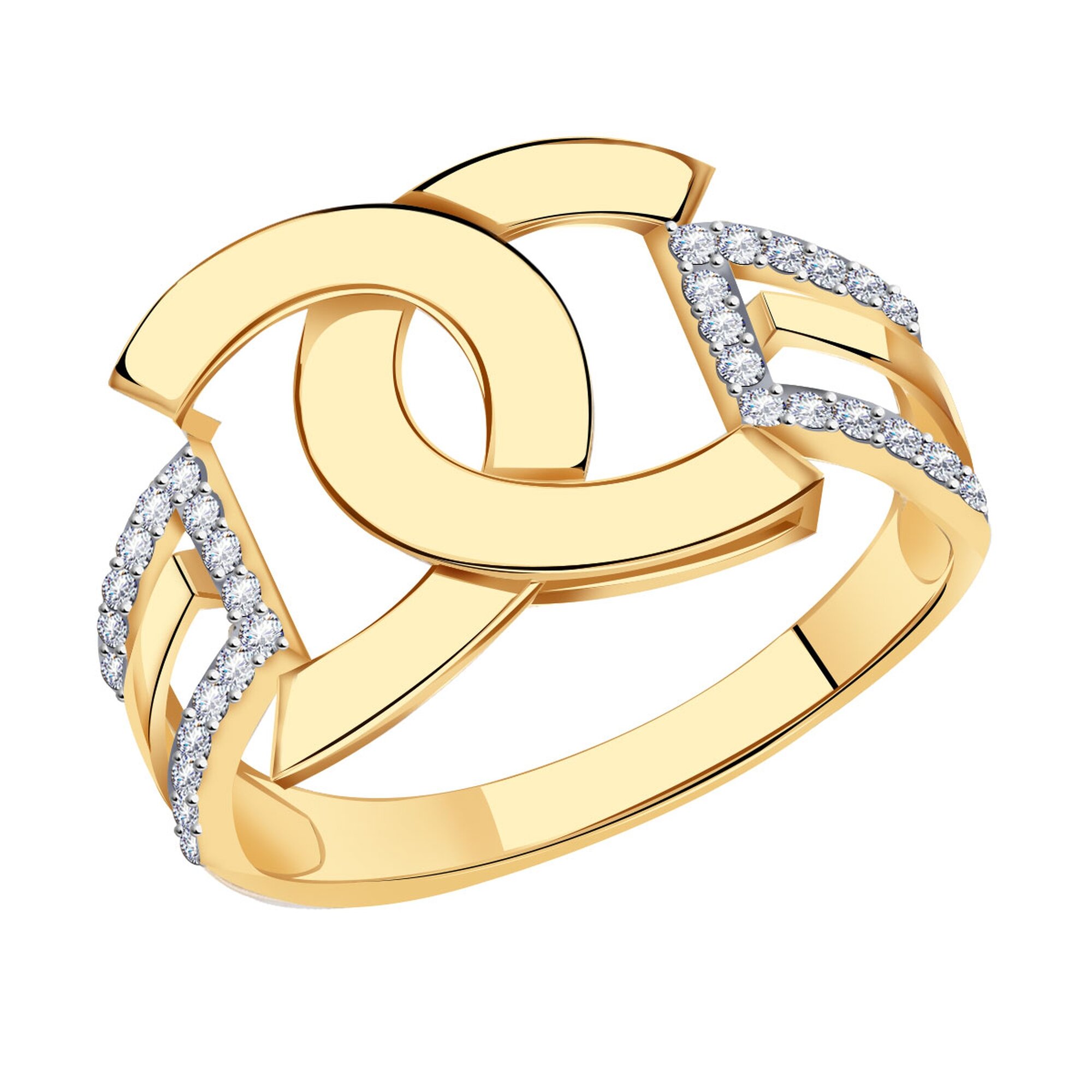 Кольцо широкое, красное золото, 585 проба, фианит