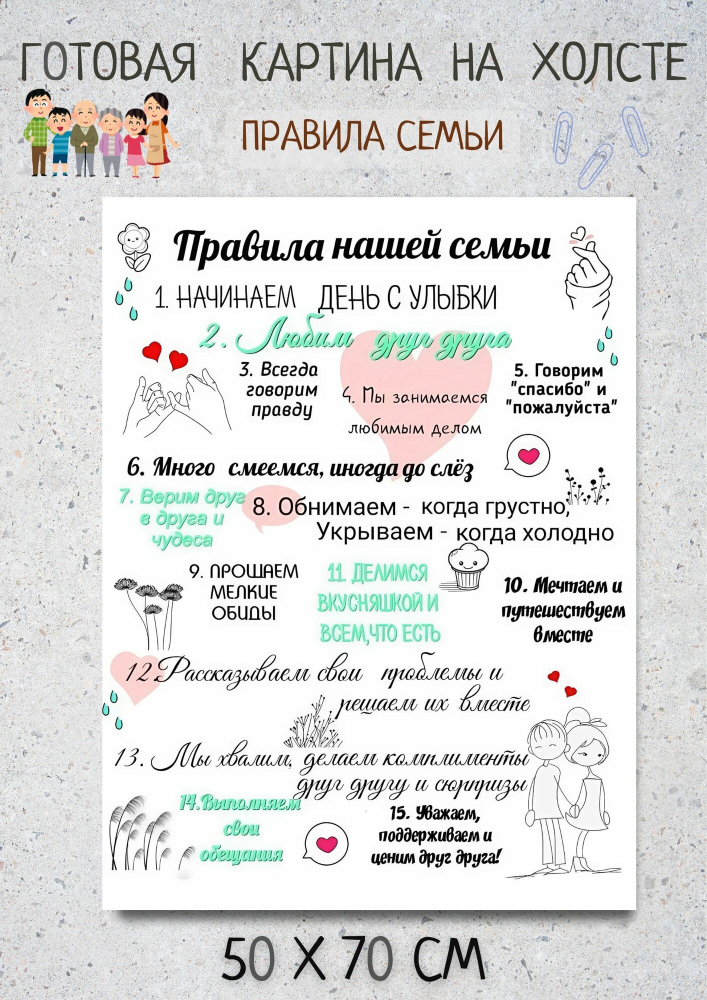 Картина в дом "Правила нашей семьи" 70х50 на стену