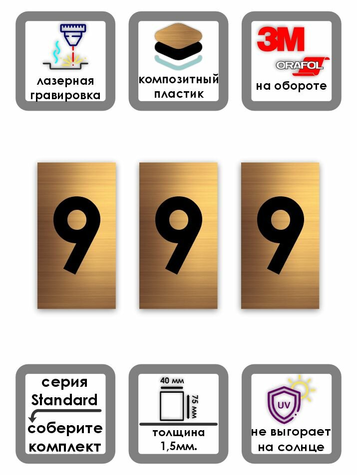 Цифры на дверь квартиры или офис самоклеящиеся Standard Золото, набор 9