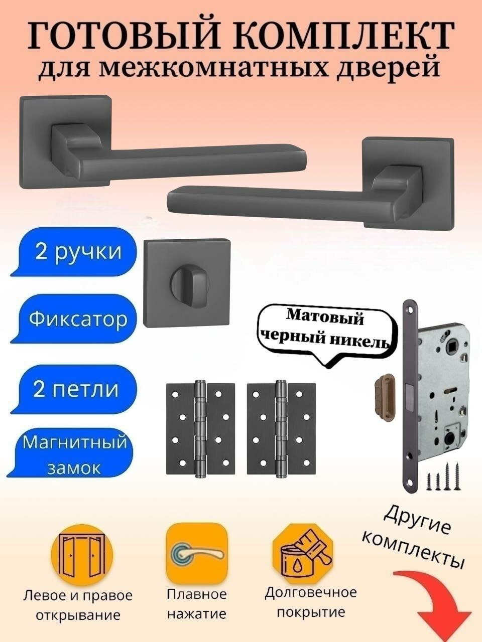 Ручка дверная межкомнатная Puerto INAL_514-03_MBN_MAGWC, матовый черный никель (ручка + завертка WC + магнитный замок + 2 универсальные петли)