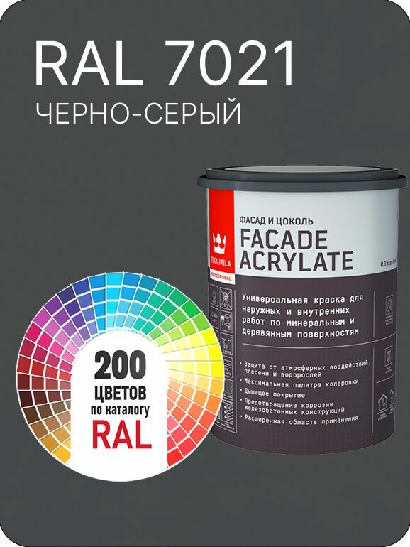 Tikkurila Facade Acrylate краска для фасадов и интерьеров цвет черно- серый Ral 7021 0.9 л.
