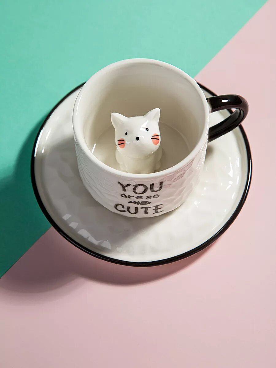 Чайная пара DB HOMME "Кот", керамика, 250мл, белая, с блюдцем