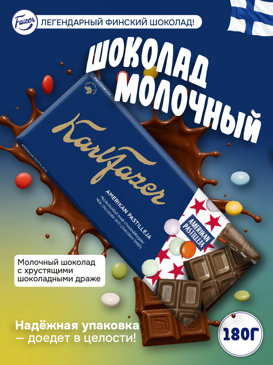 Молочный шоколад Fazer, 180г, с шоколадными драже, без пальмового масла