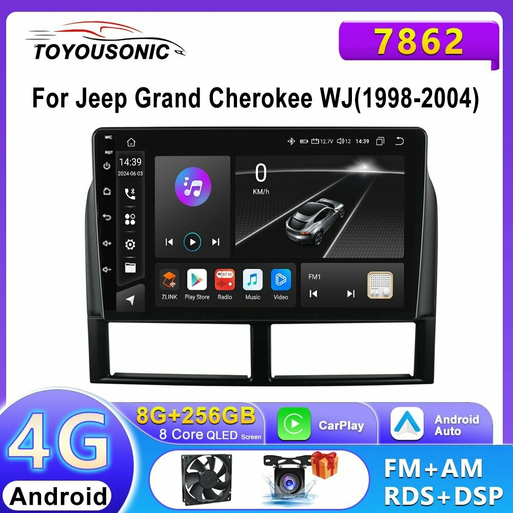 Магнитола для Jeep Grand Cherokee WJ(1998-2004), Автомагнитола для Джип,4G Android 8+256GB 2din Мультимедиа Bluetooth FM WIFI Автомобильный