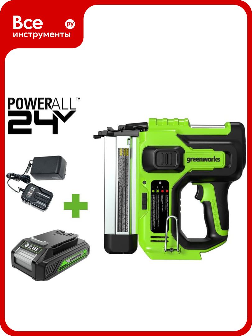 Нейлер GreenWorks GD24BN, 24V, б/щет, 100 уд/мин, гвозди 18GA, LED, 1x2Ач, ЗУ, коробка 3400707VUA, 1,25х1,05мм