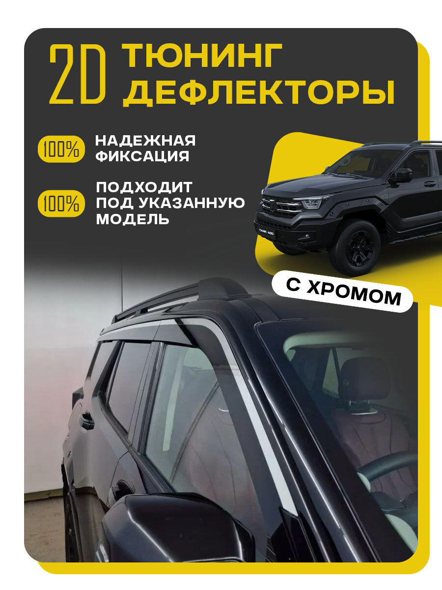 Плоские тюнинг дефлекторы с хромом для окон TANK 400 (2021-н. в) 1 поколение / Ветровики на танк 400. Комплект 6 шт.