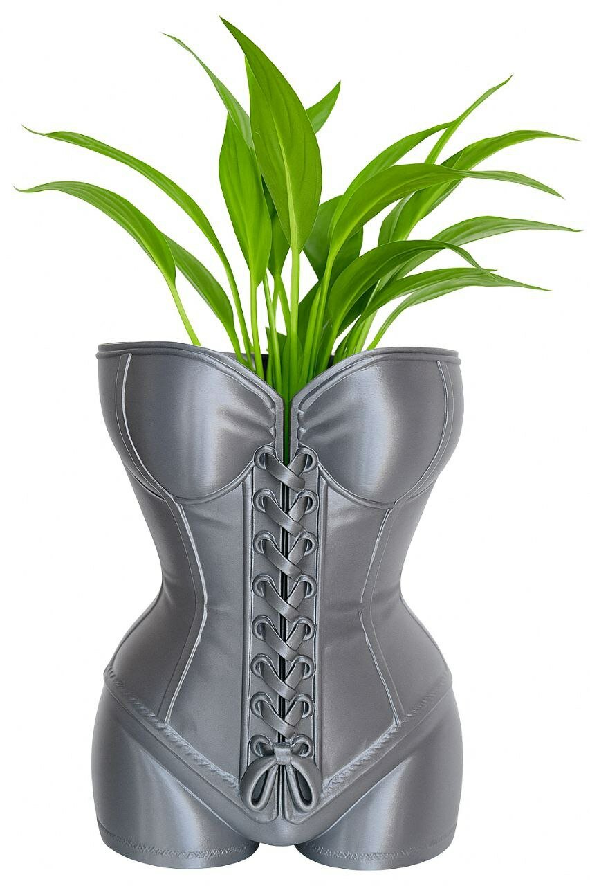 Кашпо в виде фигуры девушки в корсете, ваза для цветов, 2 л, серый металлик