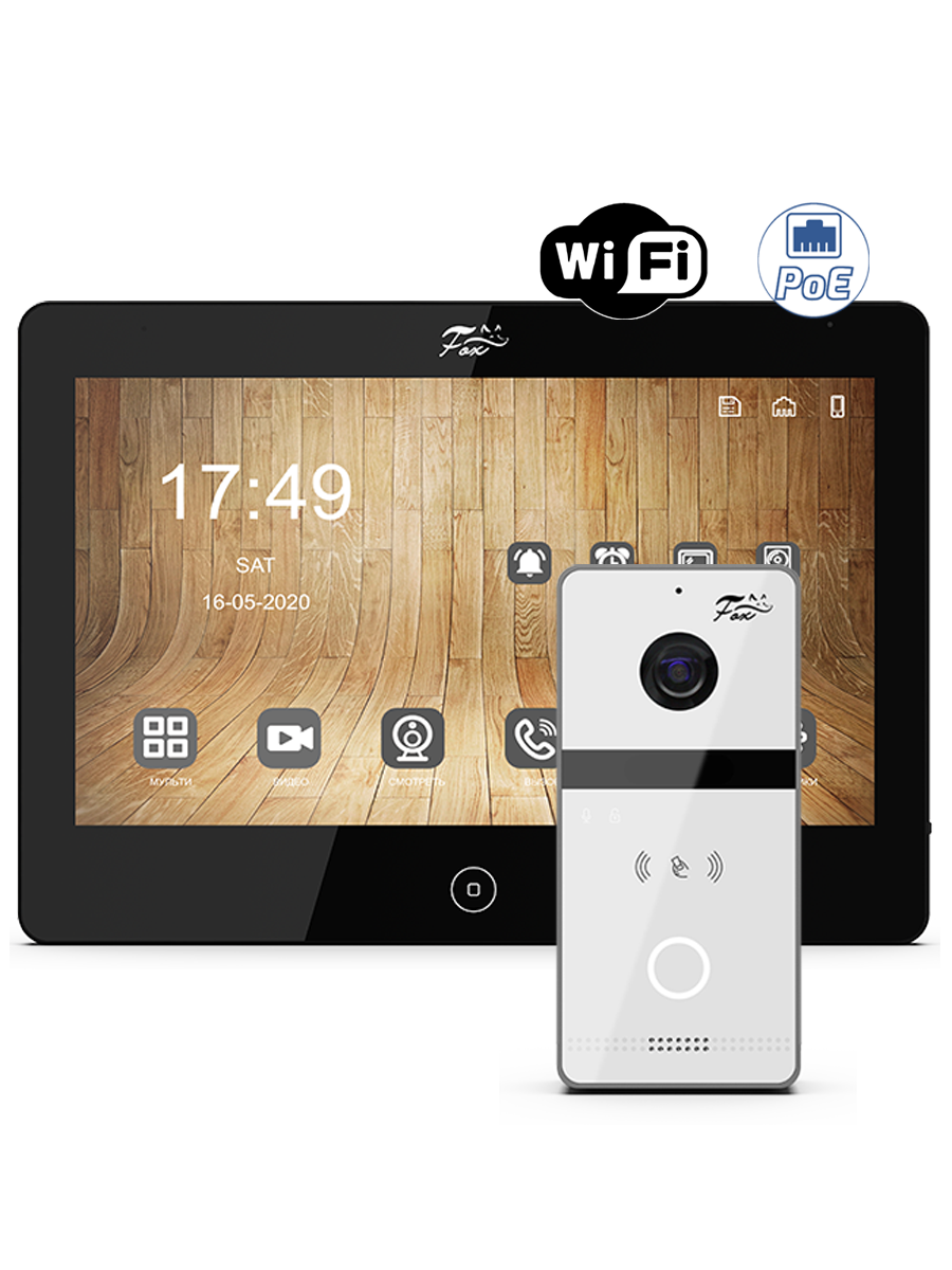 Беспроводной WiFi IP домофон Fox Проксима 10" (черный), комплект с вызывной панелью, поддержка PoE, мобильное приложение