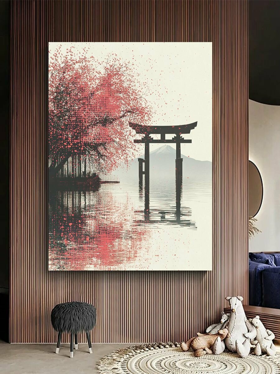 Картина на холсте - "Пейзаж в японском стиле / гора Фудзи и сакура" , 30х40 см.