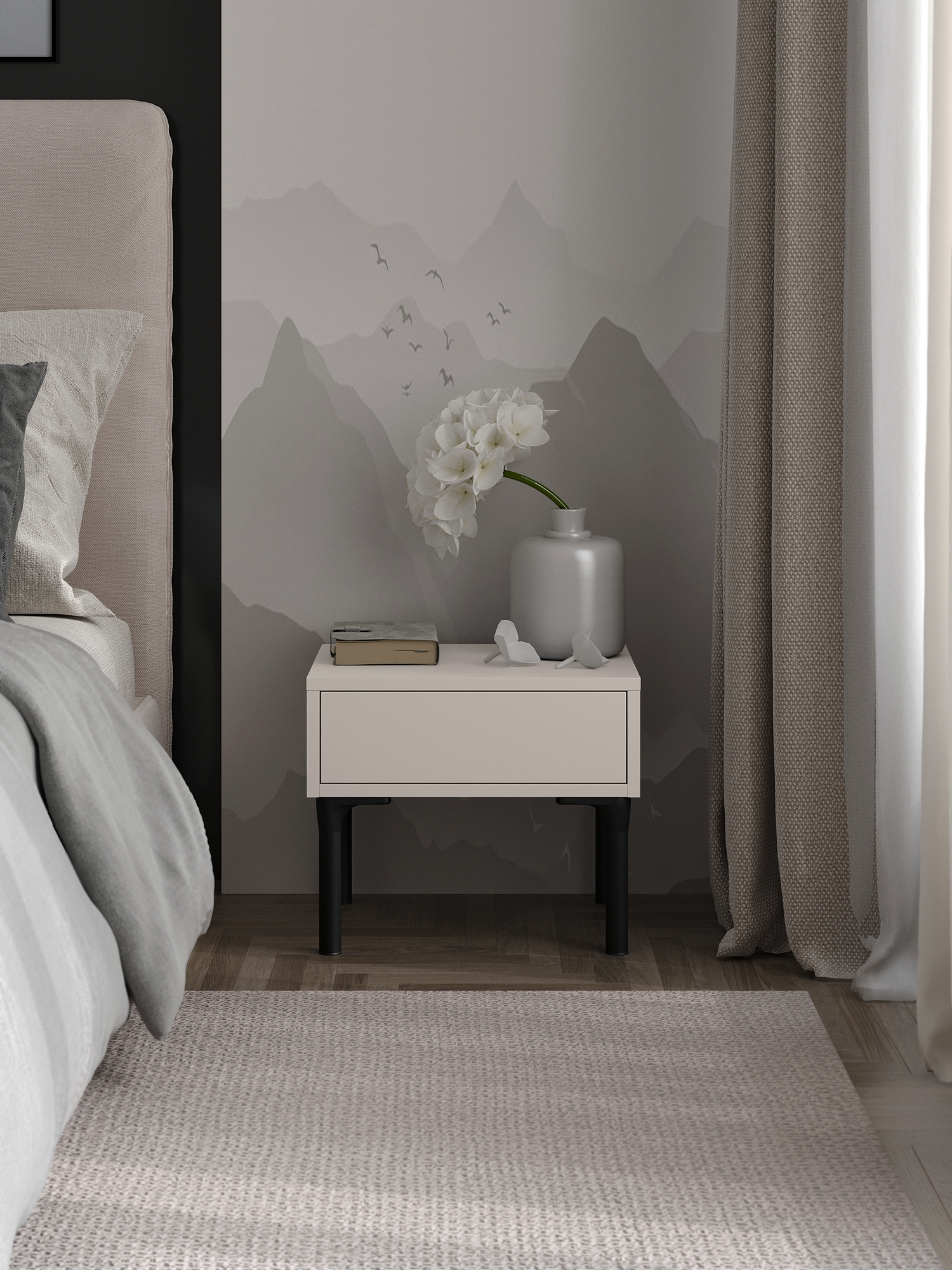 Прикроватная тумбочка на ножках бежевая, открывание push pull, 42х34х15 см