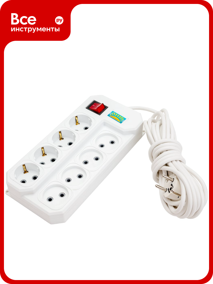 Сетевой фильтр пересвет+ удлинитель на 8 гнезд, шнур ПВС 3х0,75, 5 м 4620003920653, 5 м
