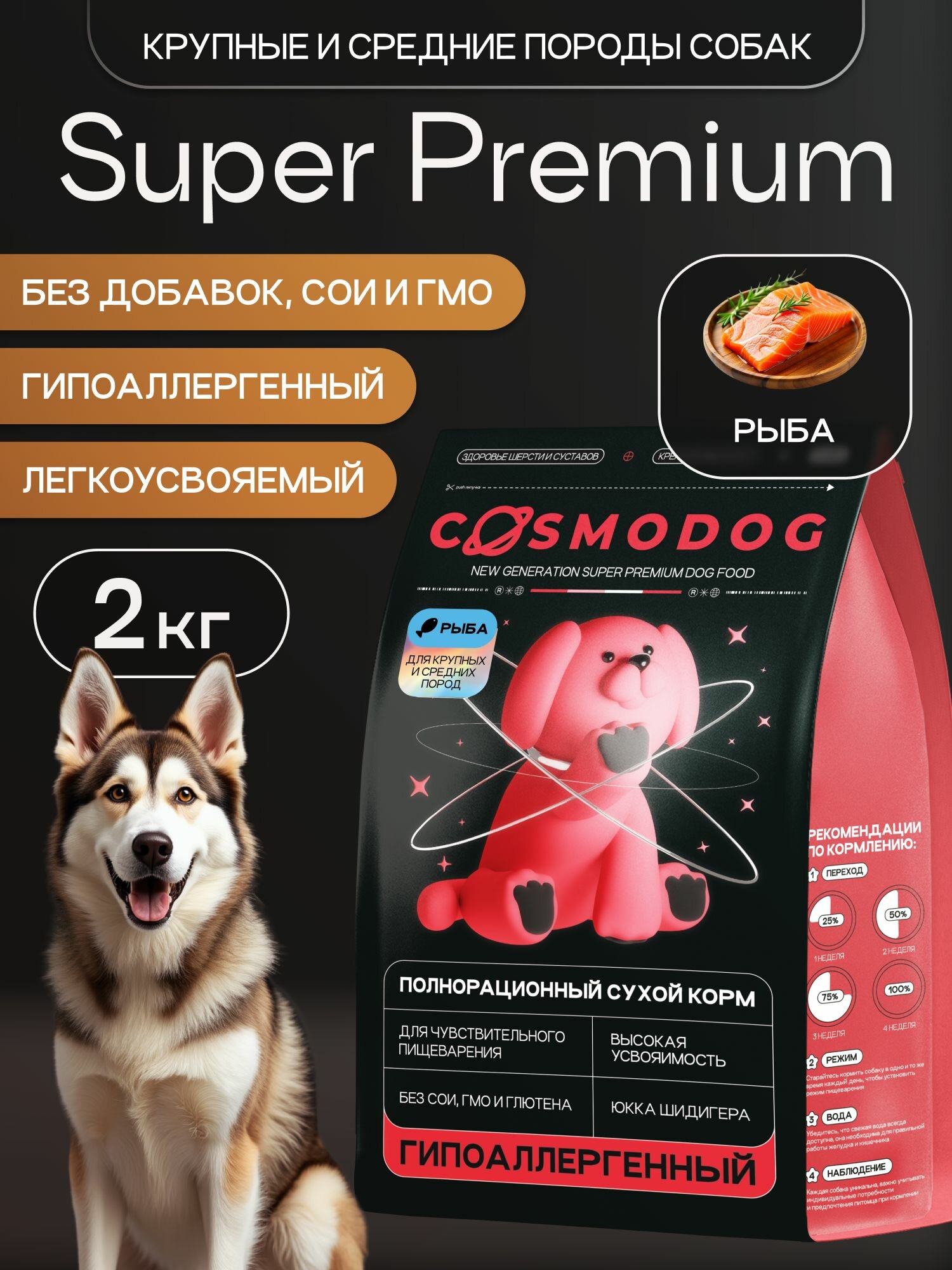 Корм для собак сухой Cosmodog с рыбой 2 кг гипоаллергенный холистик супер премиум-класса для крупных и средних пород