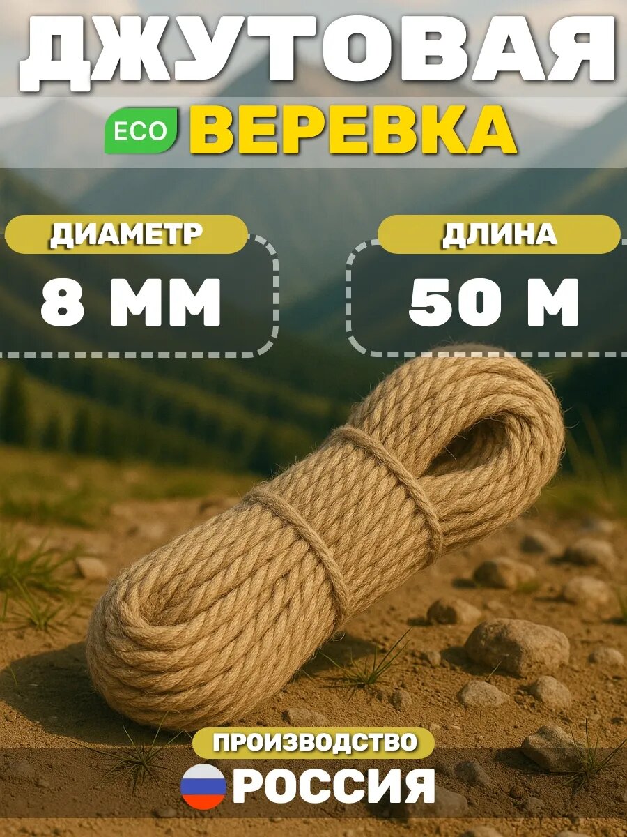 Джутовый канат TODA ALMA, диаметр 8 мм, длина 50м, светло-коричневый