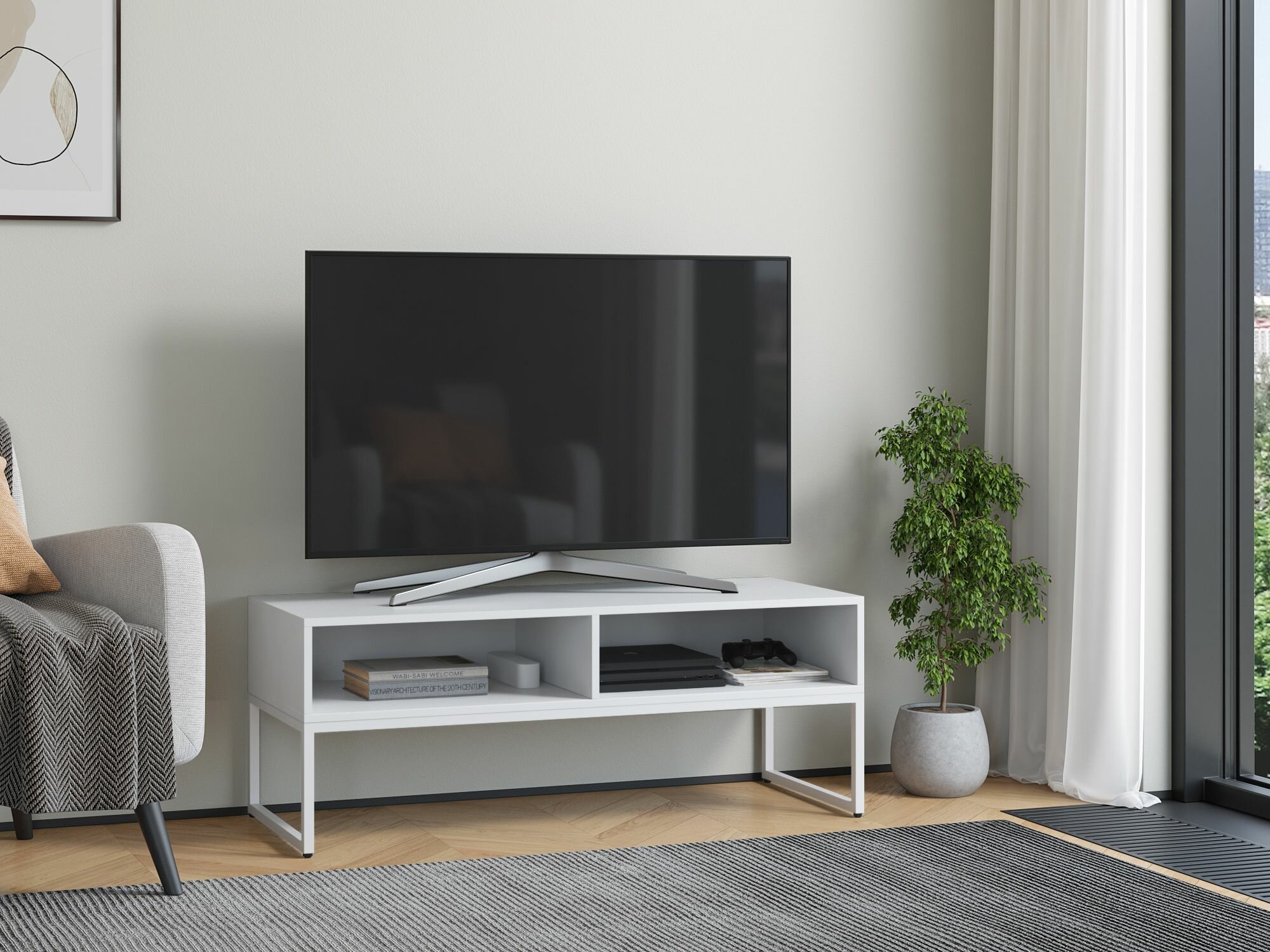 Тумба ТВ Айсберг Лофт 120 см открытая без ящиков Белый/белый