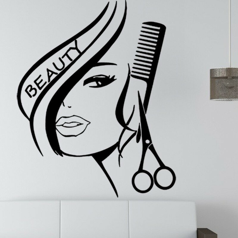 Наклейки на стену для салона красоты, силуэт модной женщины с ножницами и расческой, самоклеящийся виниловый декор для парикмахерских, барбершопов и студий красоты