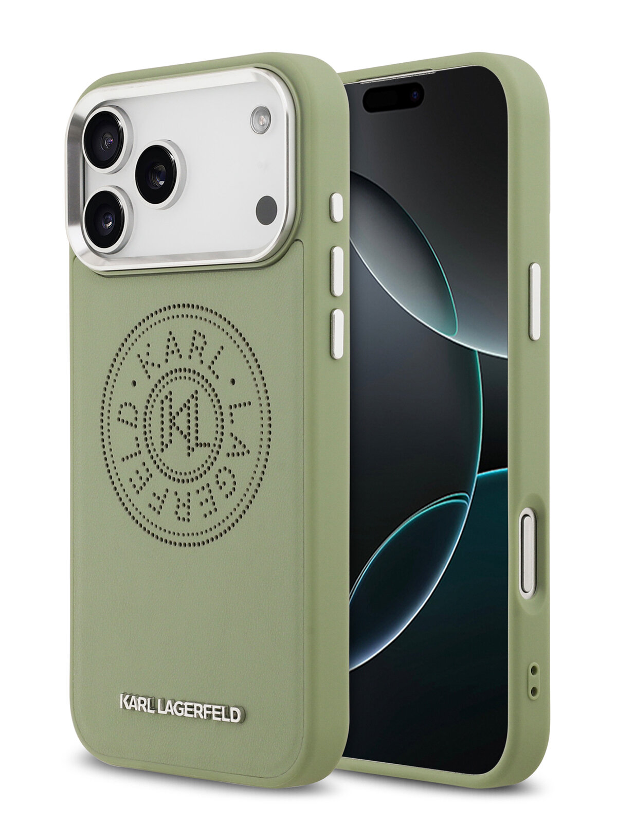 Чехол Karl Lagerfeld на iPhone 17 Pro Max, с магнитами MagSafe, из экокожи с принтом Perforated, зеленый