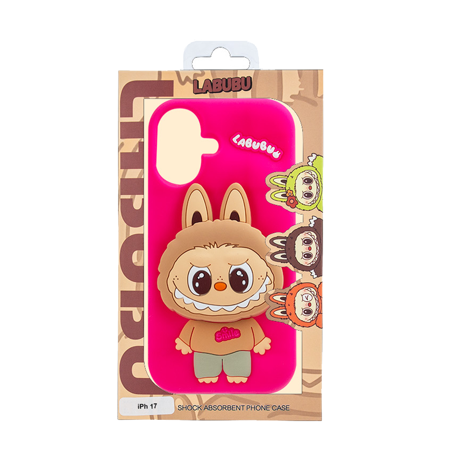 Чехол для Apple iPhone 17 Labubu Silicone Case, Лабубу, встроенная подставка попсокет, розовый