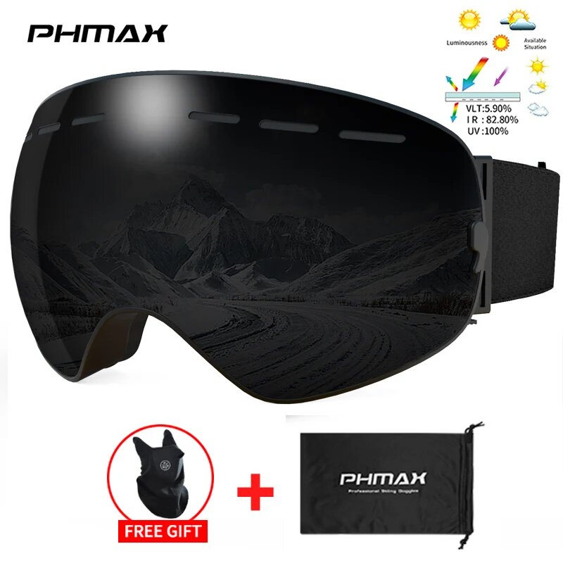 Лыжные очки PHMAX, двухслойные линзы, лыжные очки UV400, защита от запотевания, очки для сноуборда, спортивные очки для катания на лыжах на открытом воздухе, мужские и женские очки, Черный, Унисекс