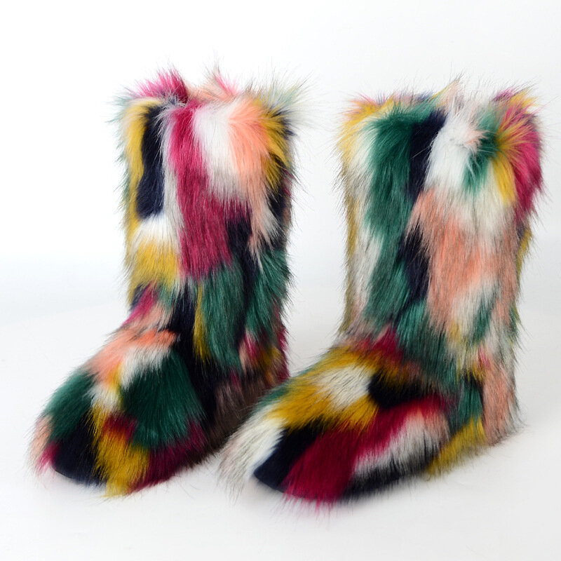 Зимние сапоги из искусственного меха енота и лисы, зимние сапоги Y2K, полусапожки, женские зимние меховые сапоги