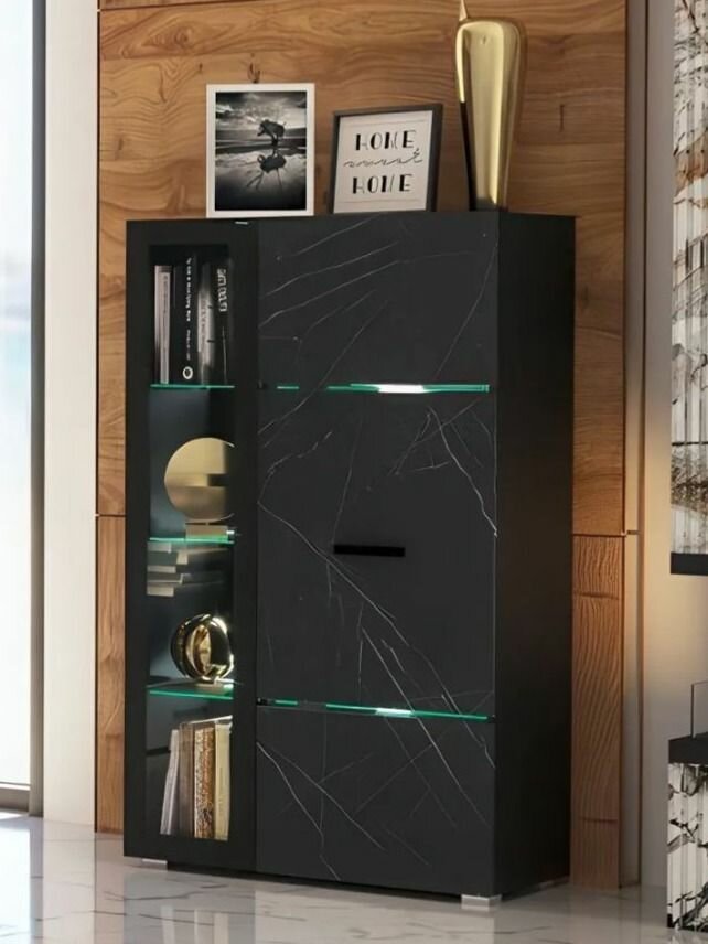 Шкаф Николь с полками 800х1300х346 (Мрамор блэк софт/Черный)