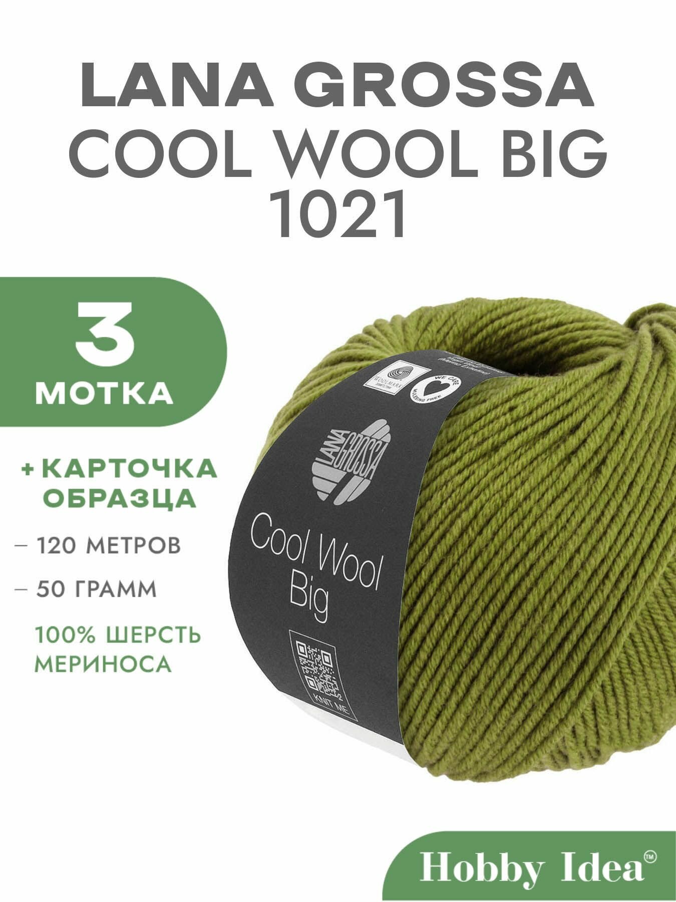 Пряжа Lana Grossa Cool Wool Big 1021 Натуральный зелёный 3 мотка (Мериносовая пряжа для вязания Лана Гросса Кул Вул Биг)