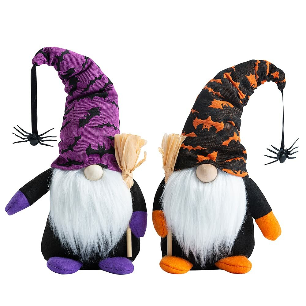 Paquete de 2 figuras de gnomo sueco de Halloween hechas a mano con gnomos nórdicos de peluche con araña y murciélago, decoración del hogar, naranja/morado, longitud 22cm, anchura 10cm, material algodón + terciopelo, muñeco sin rostro del Festival de los