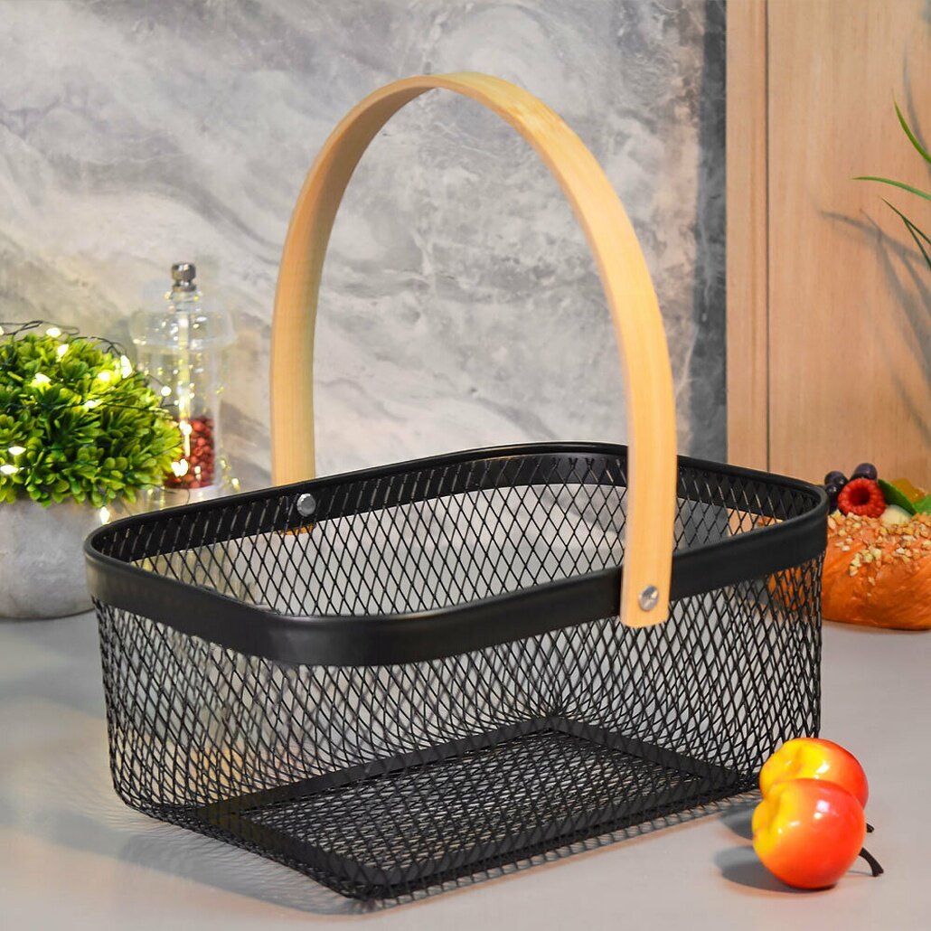 Металлическая корзина для хранения с бамбуковой ручкой, прямоугольная, 23.5х19х10см, практичное решение для дома