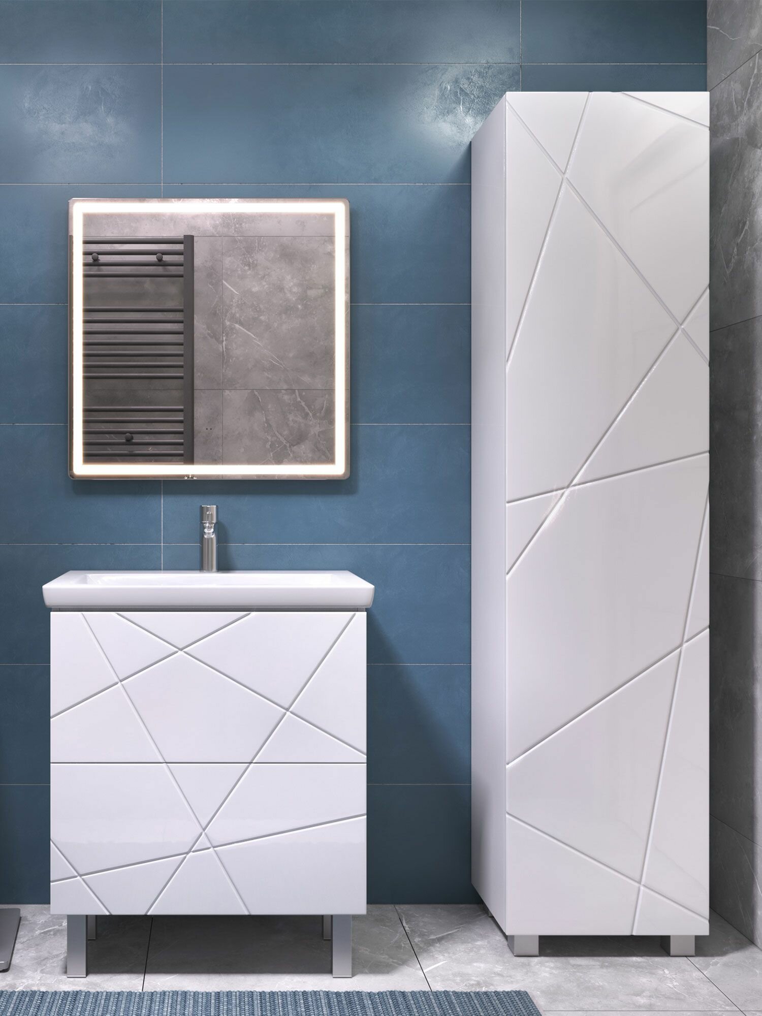 Мебель для ванной комплект Геометрия Комфорт, зеркало с подсветкой, тумба под раковину, шкаф-пенал, 115х45х189.8 см, Белый