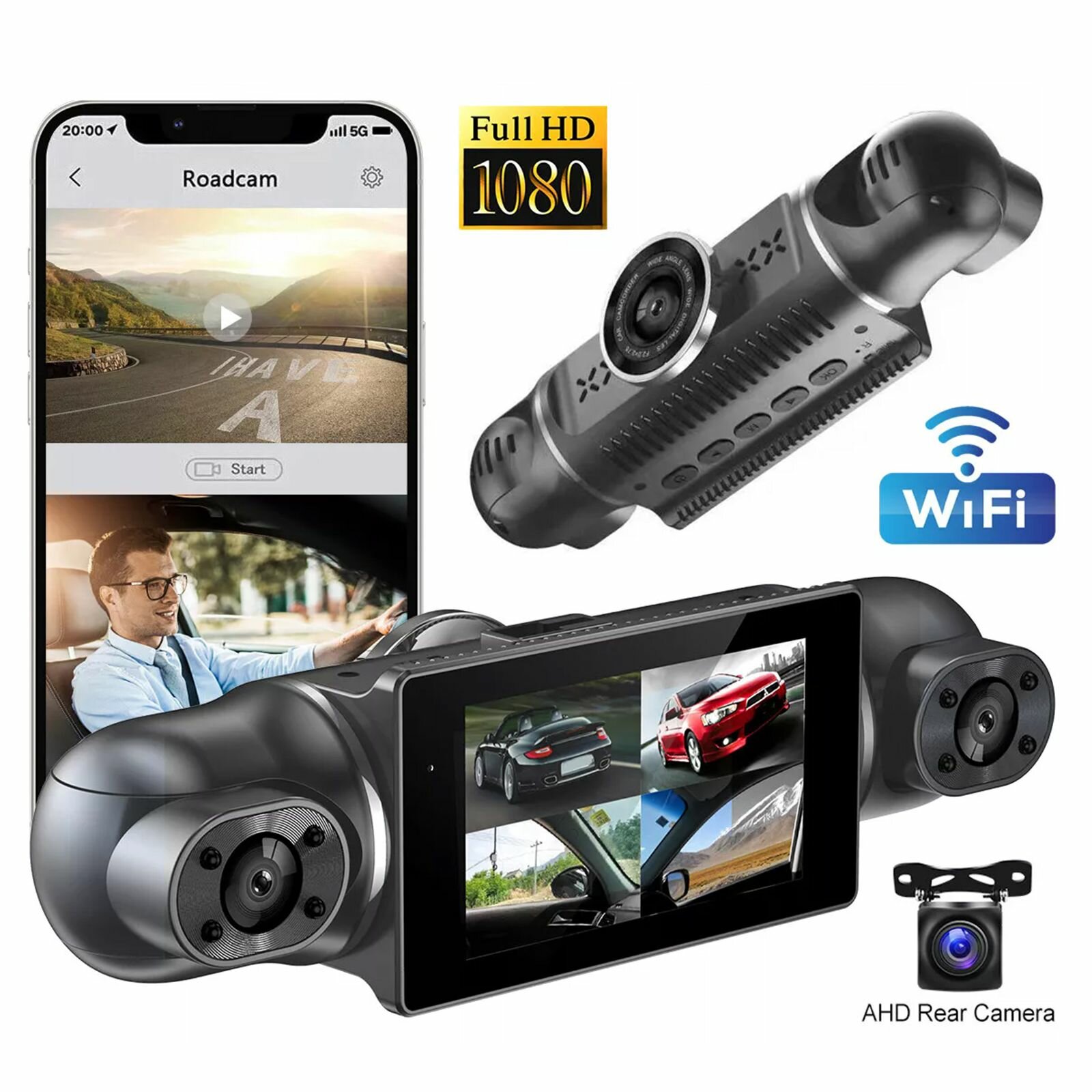4-канальный Wi-Fi видеорегистратор 1080P передняя+задняя камера, G-сенсор, ночное видение, с GPS, 170° 3" экран.