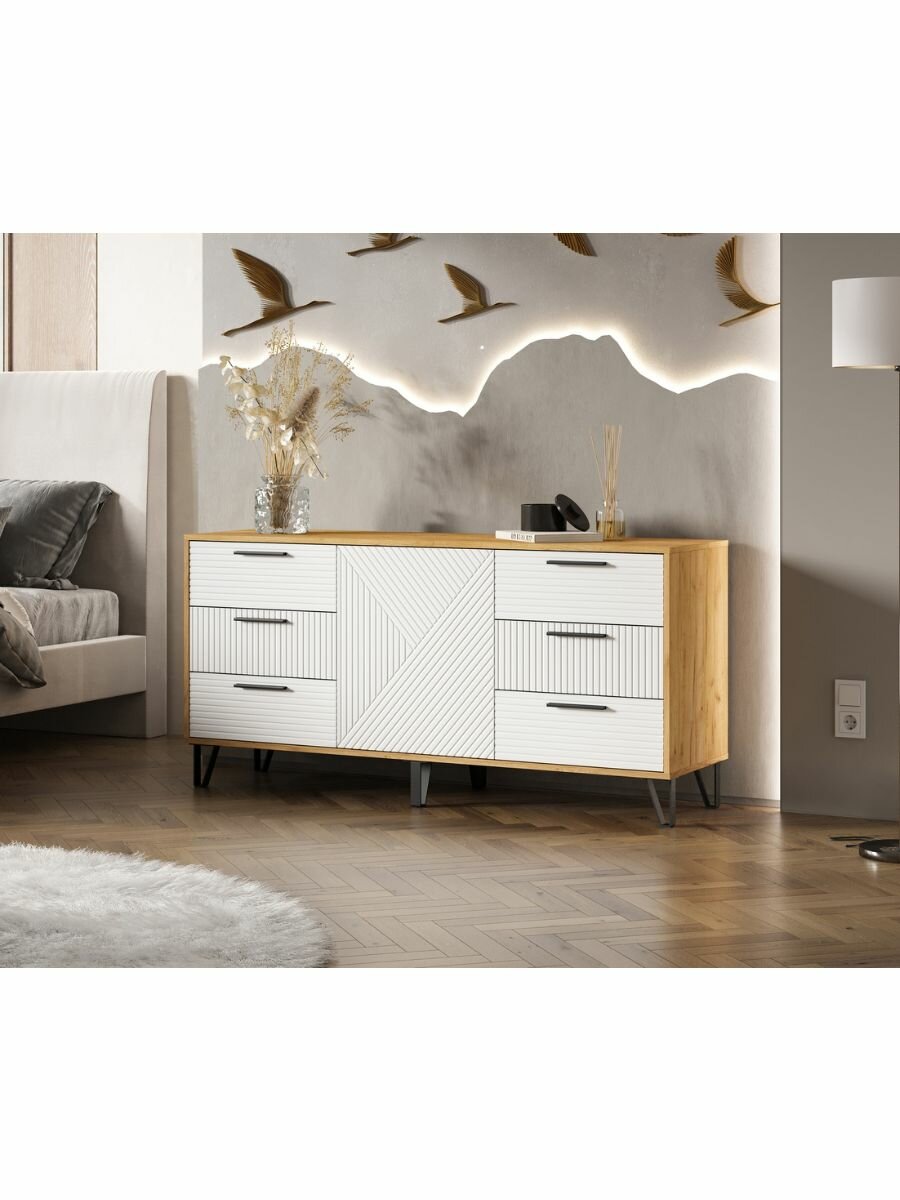 Комод Флэш МДФ Дуб крафт/Браш Вайт, 6 выдвижных ящика,1 полка, МИФ