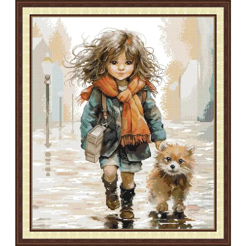 Набор для вышивки крестом Dreamfounder, девочка и собака, 14ct print canvas