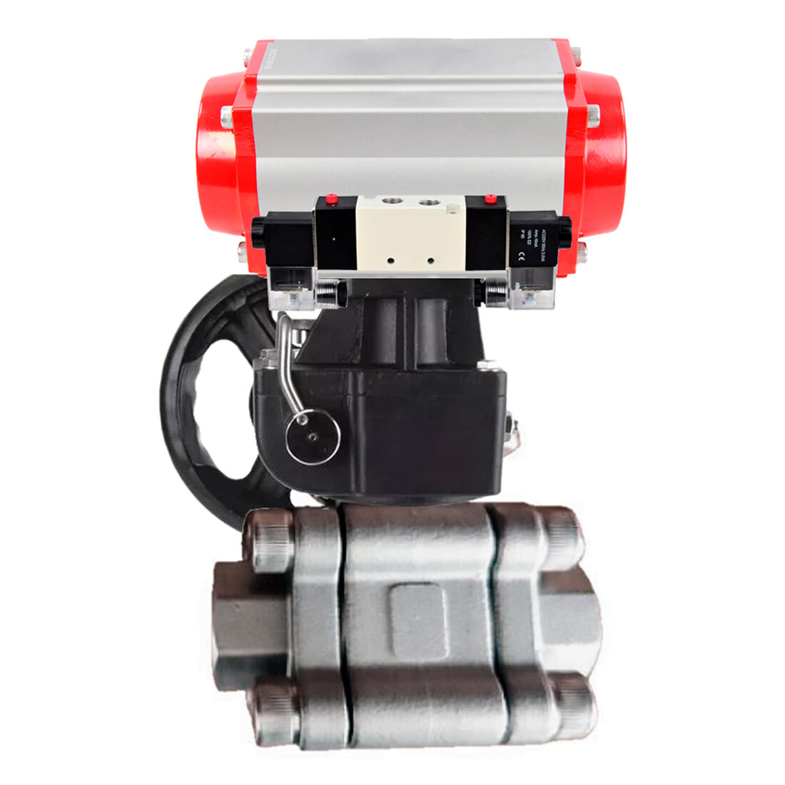 Кран шаровой DN.ru 316-316-PTFE-FP-SW-ISO-H Ду100 Ру63 полнопроходной, корпус - нержавеющая сталь SS316, под приварку, с пневмоприводом DA-105, пневмораспределителем PND1-S2EM-52-2-T10-220VAC, ручным дублером HDM-3 (опрессовано)