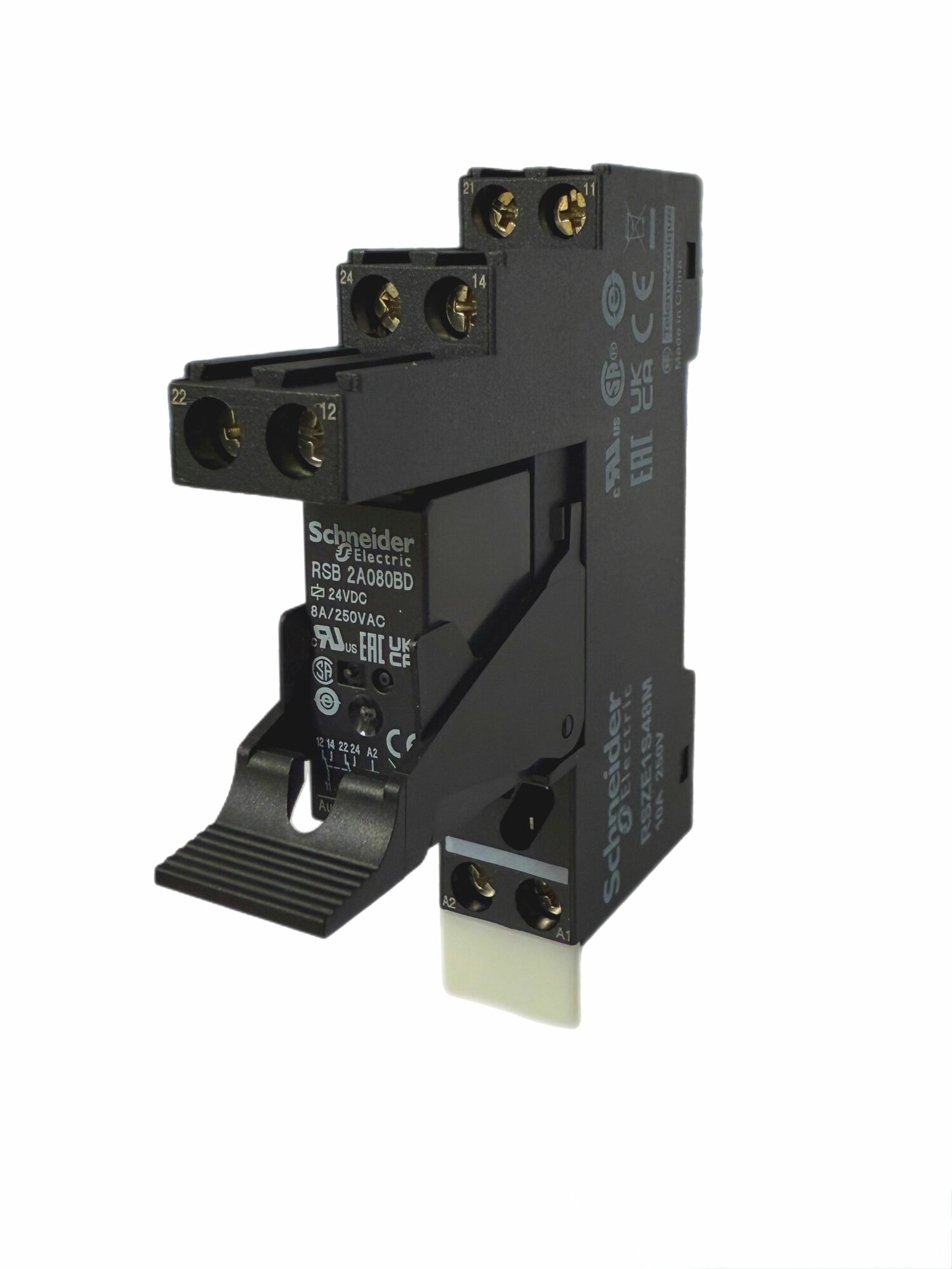 RSB2A080BD_Реле в сборе с колодкой, скобой, маркировкой, без защиты (2CO, 8A, 24VDC)_Schneider Electric