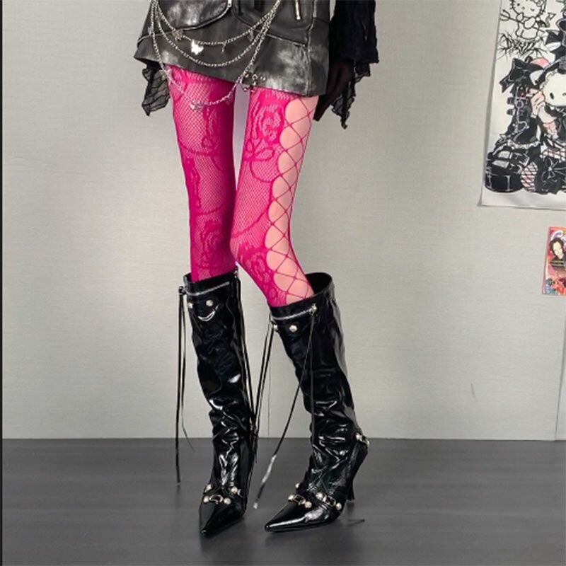 Бордовые рваные тонкие универсальные европейские и американские INS панк колготки с розовым жаккардом Y2K для горячих девушек, сексуальные сетчатые чулки