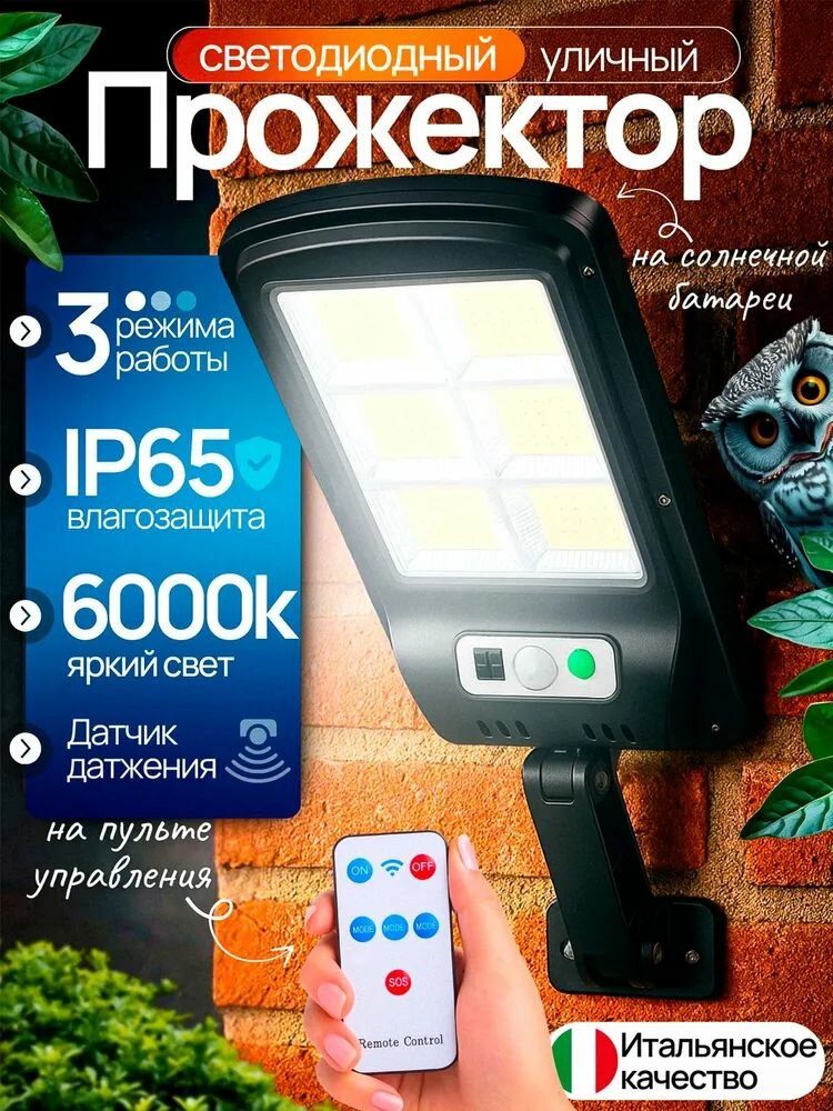 Уличный прожектор, с датчиком движения, 6000К, пульт ДУ, IP65, чёрный