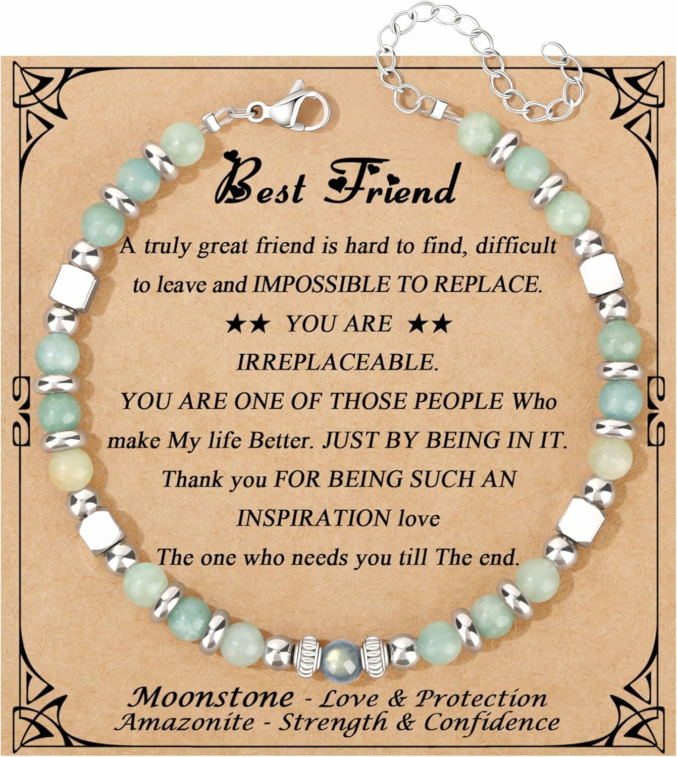 Этот регулируемый браслет дружбы с лунным камнем — идеальный подарок для лучших друзей. В комплекте идет мотивационная открытка, а сам браслет изготовлен из амазонского камня. Идеально подходит для дней рождения, выпускных или Дня святого Валентина.