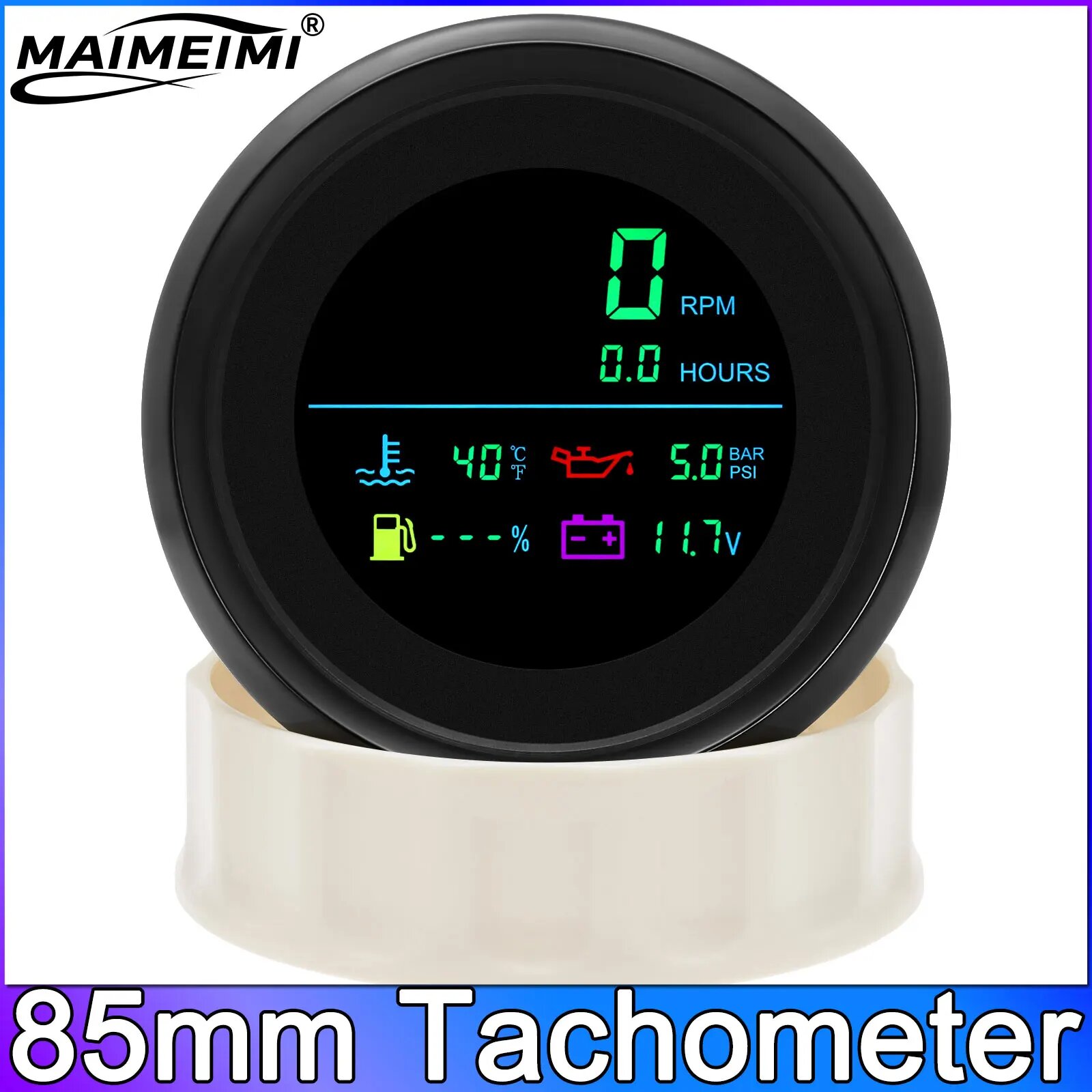 Цифровой ЖК-дисплей 85 мм 6 в 1, 0-19999 об/мин, тахометр + счетчик часов + температура воды + уровень топлива + пресс для масла + напряжение, автомобильный датчик, многофункциональный измеритель black