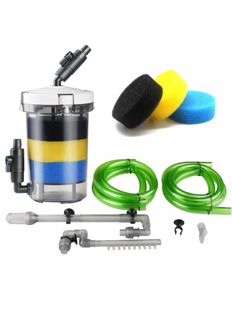 Полный комплект фитингов, прозрачный внешний фильтр SUNSUN HW-602B мощностью 6 Вт, встроенная трехцветная губка, производительность насоса 400 л/ч, подходит для аквариума объемом 100 литров.