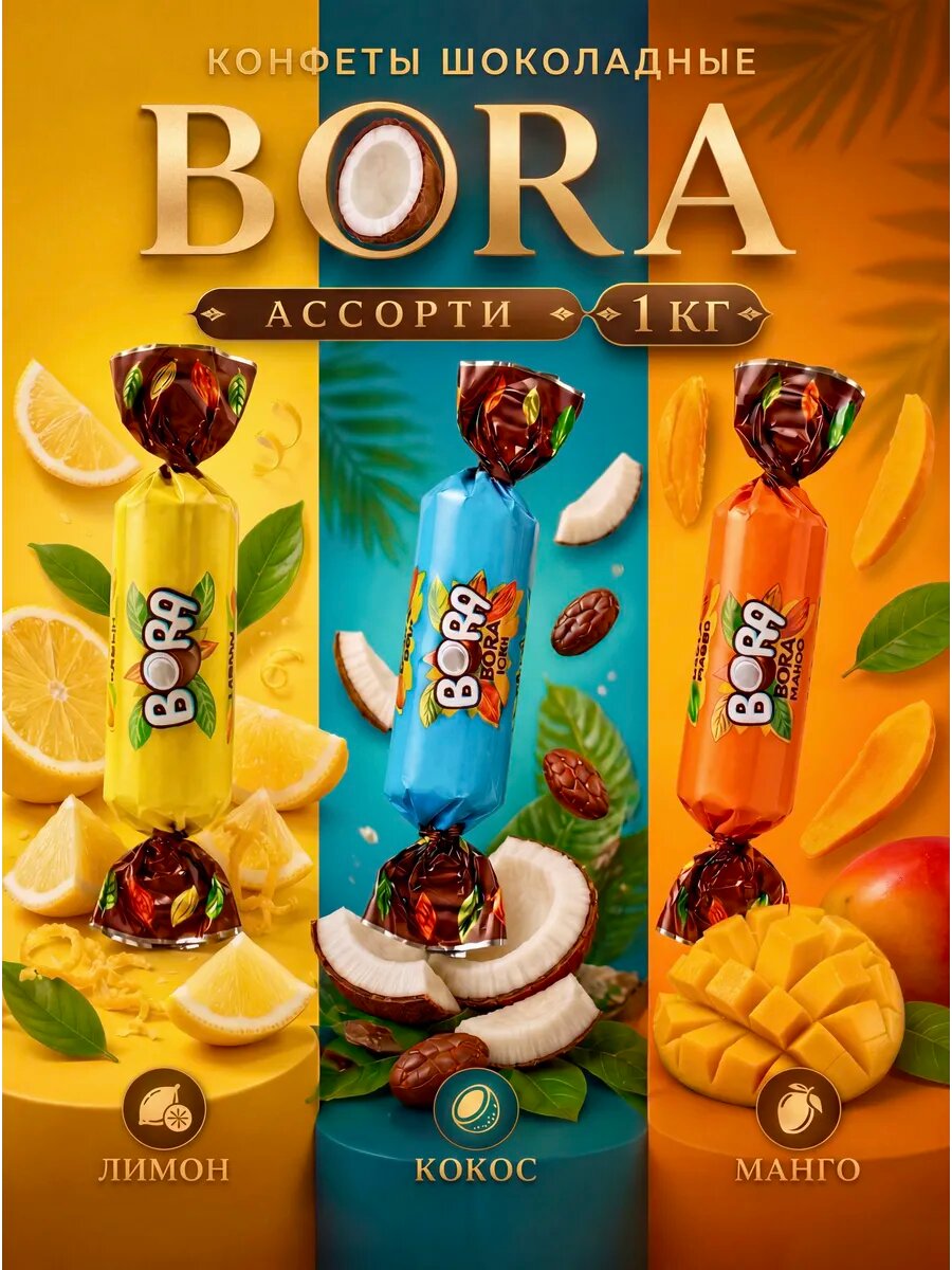 Конфеты 1 кг шоколадные, Бора-Бора ассорти, 3 вкуса молочный и белый шоколад, для детей и взрослых
