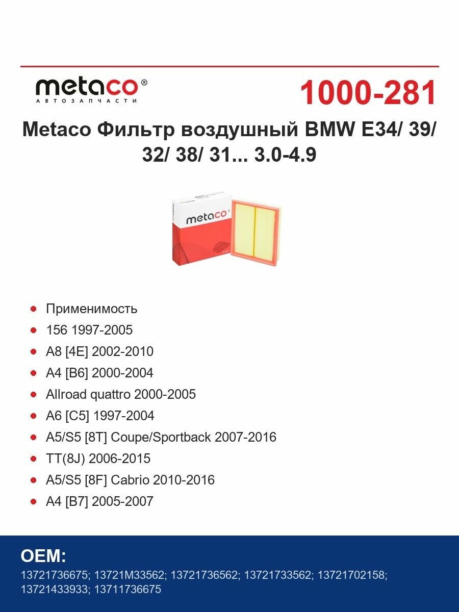 Metaco Фильтр воздушный BMW E34/ 39/ 32/ 38/ 31. 3.0-4.9