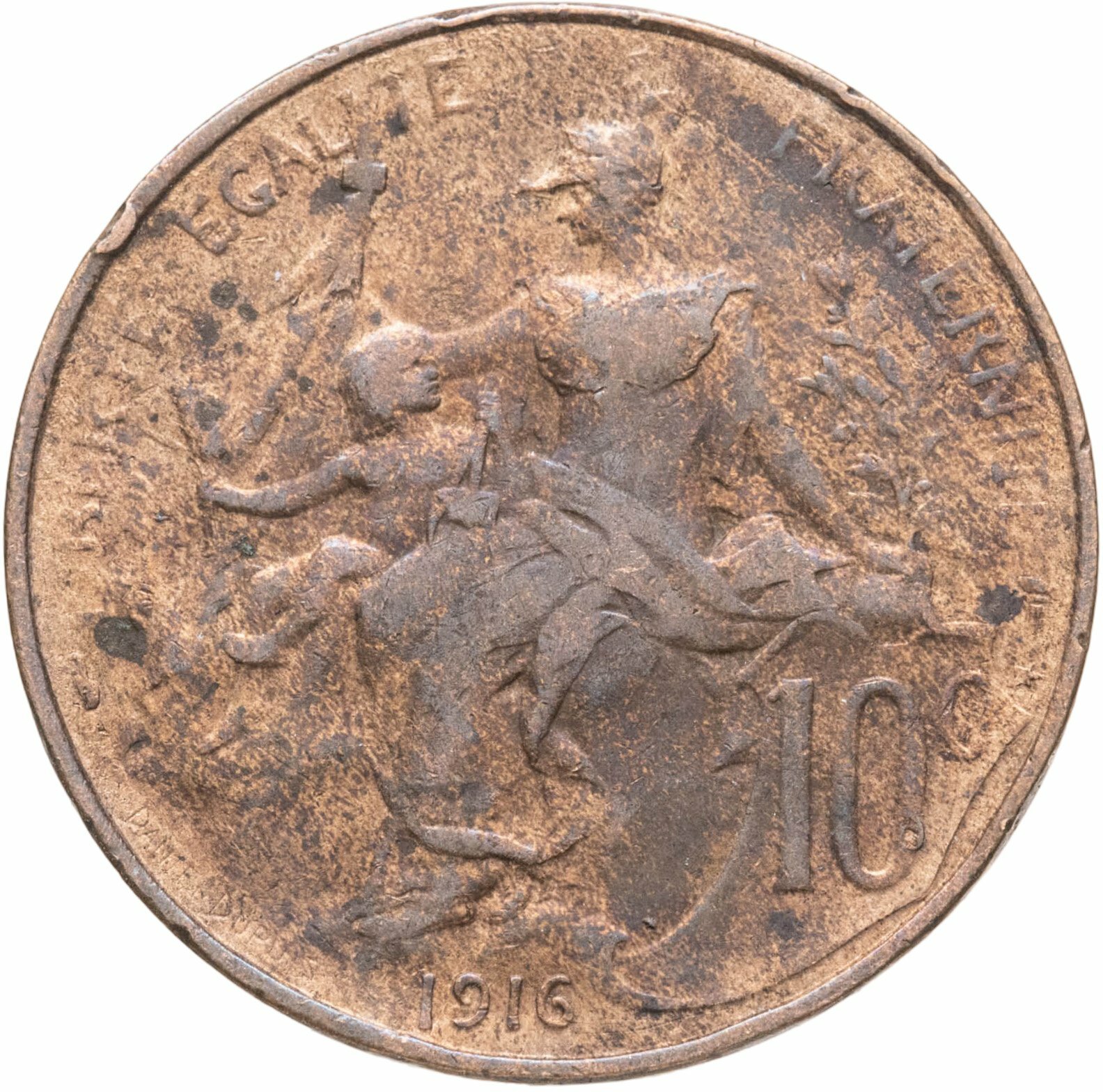 Франция 10 сантимов centimes 1916, Бронза, в сохранности F-VF