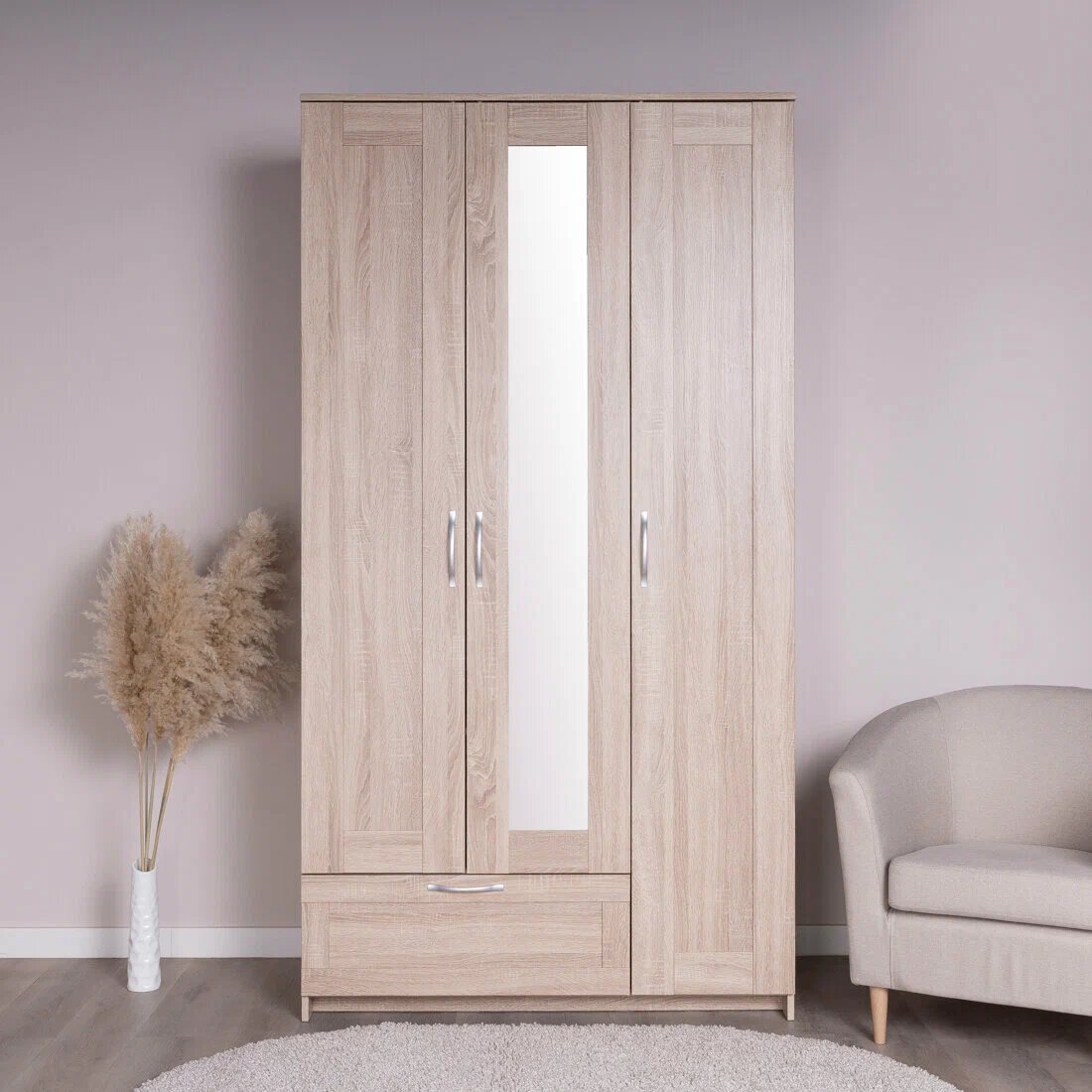 Шкаф распашной с зеркалом "Сириус", дуб сонома, 3 двери и 1 ящик, 220 см х 117 см х 59 см