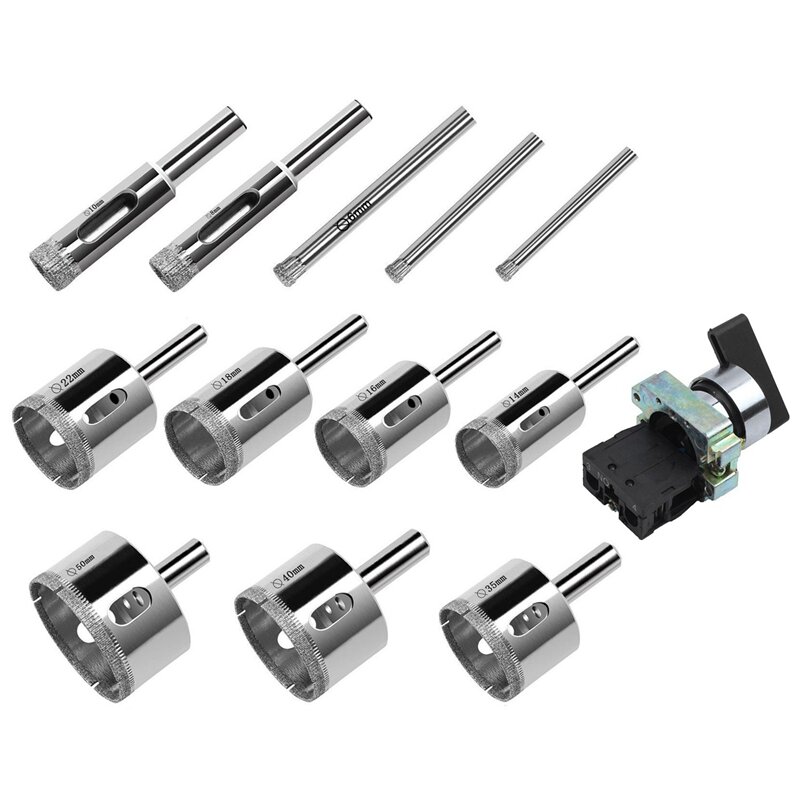 Шт. переменного тока 240 В 3 А без черного колпачка SPST с 2-позиционным селектором и фиксатором поворотного переключателя и 12 шт. алмазных сверл - сверла по стеклу и плитке с полыми коронками, инструменты для извлечения, кольцевые пилы