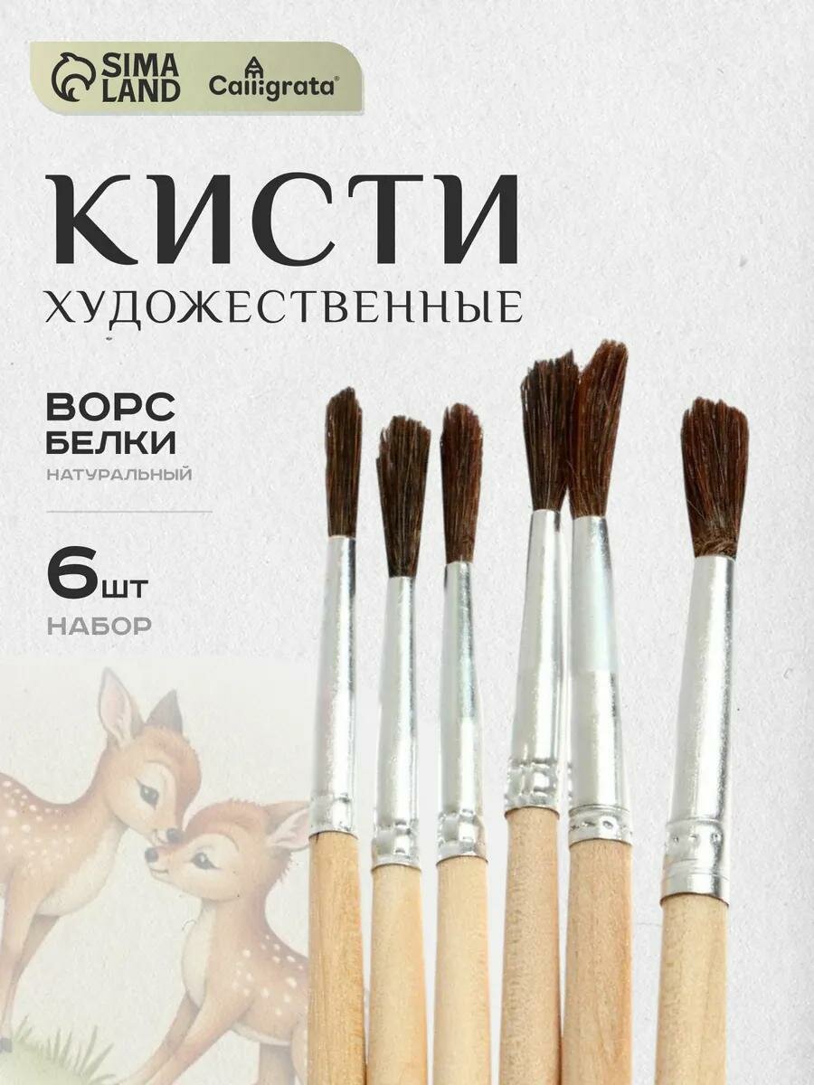 Набор кистей белка Calligrata круглые 6 штук (№1,2,3,4,5,6) с деревянными ручками в блистере