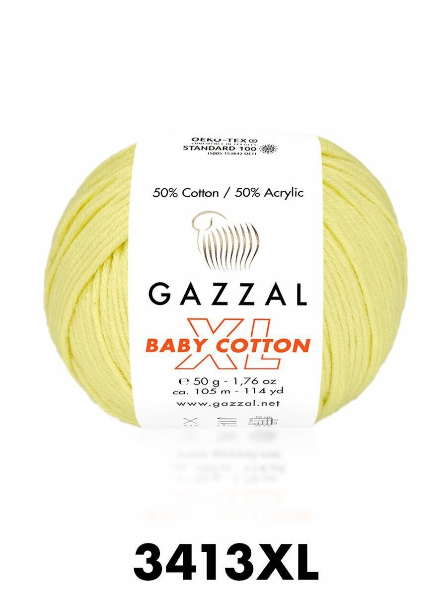 Пряжа BABY COTTON XL (Gazzal), св. жёлтый - 3413, 50% хлопок, 50% акрил, 5 мотков, 50 г, 105 м.