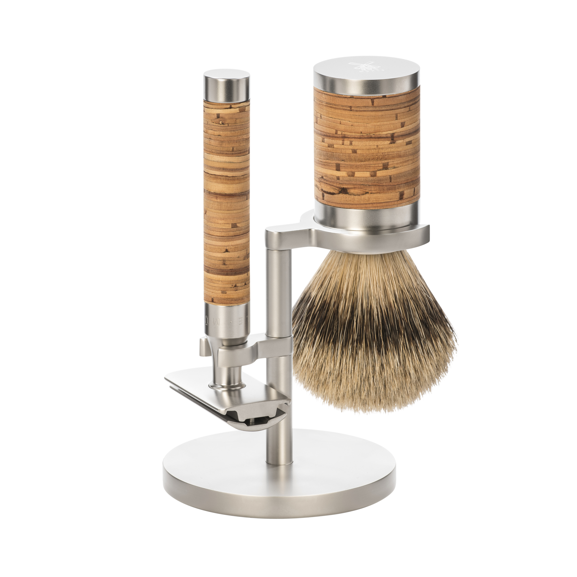 Бритвенный набор MUEHLE ROCCA (Т-образная бритва, помазок, подставка), барсучий ворс высшей категории Silvertip, береста