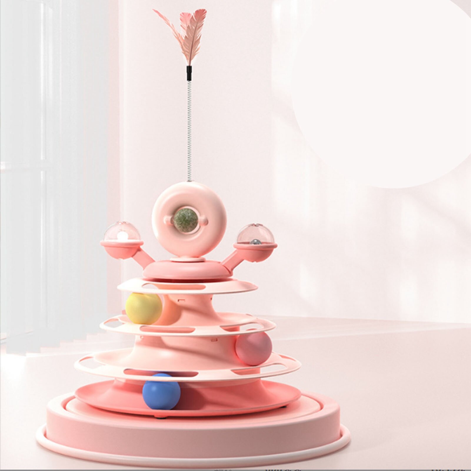 Игрушка для кошек Вращающаяся башня с мячом и перьями 4уровневая, с кошачьей мятой, для игр и упражн