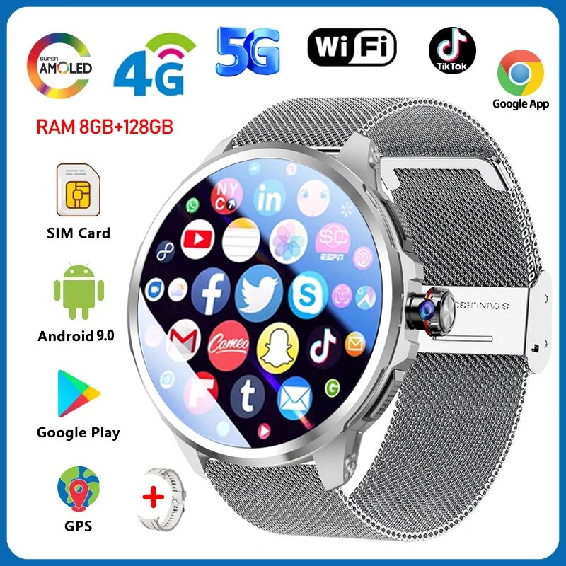 Умные часы 5G/4G Google Play 8G 128G, Mesh belt silver