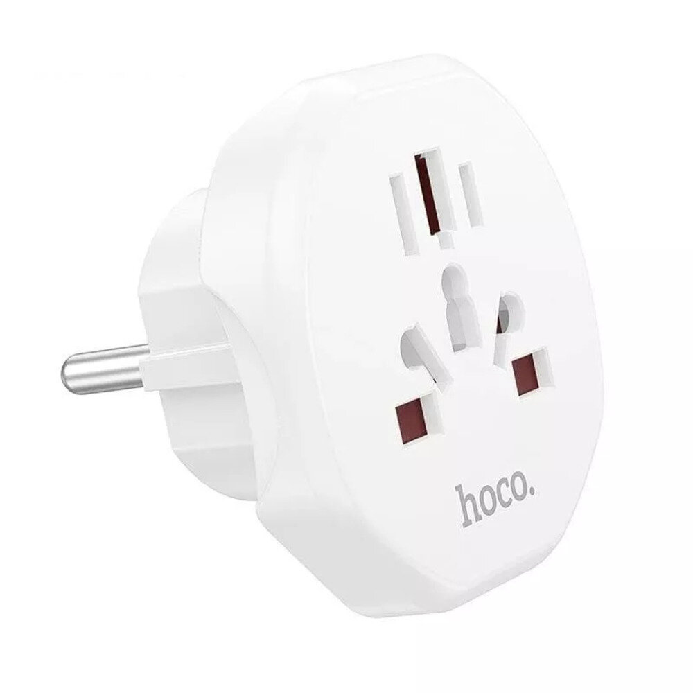 Переходник на евро вилку Hoco белый 10A 2500Вт / Сетевой адаптер универсальный на все типы вилок / С заземлением