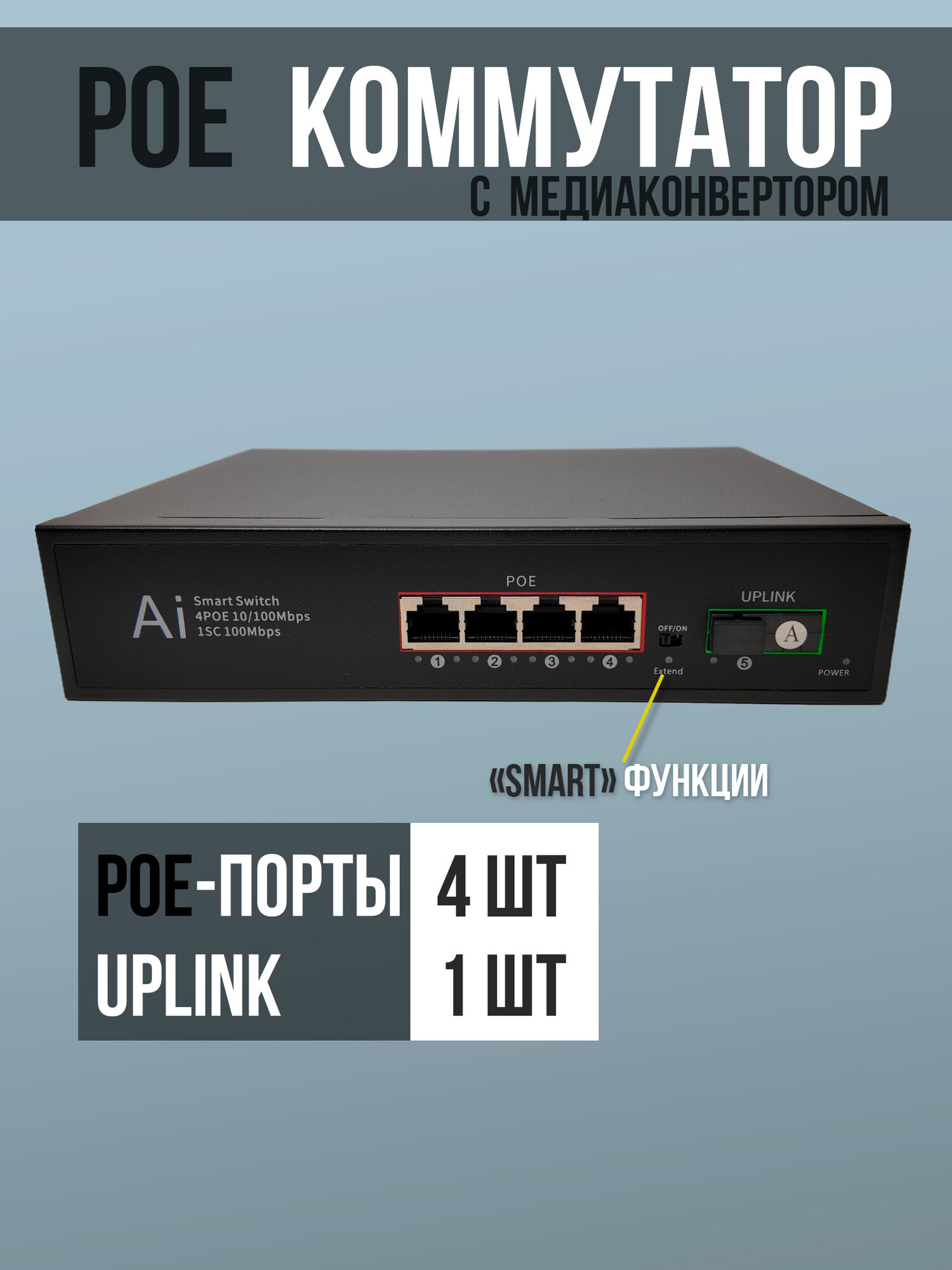 Коммутатор POE 104P1S на 4 порта 10/100M Fiber media Converter (4+1)